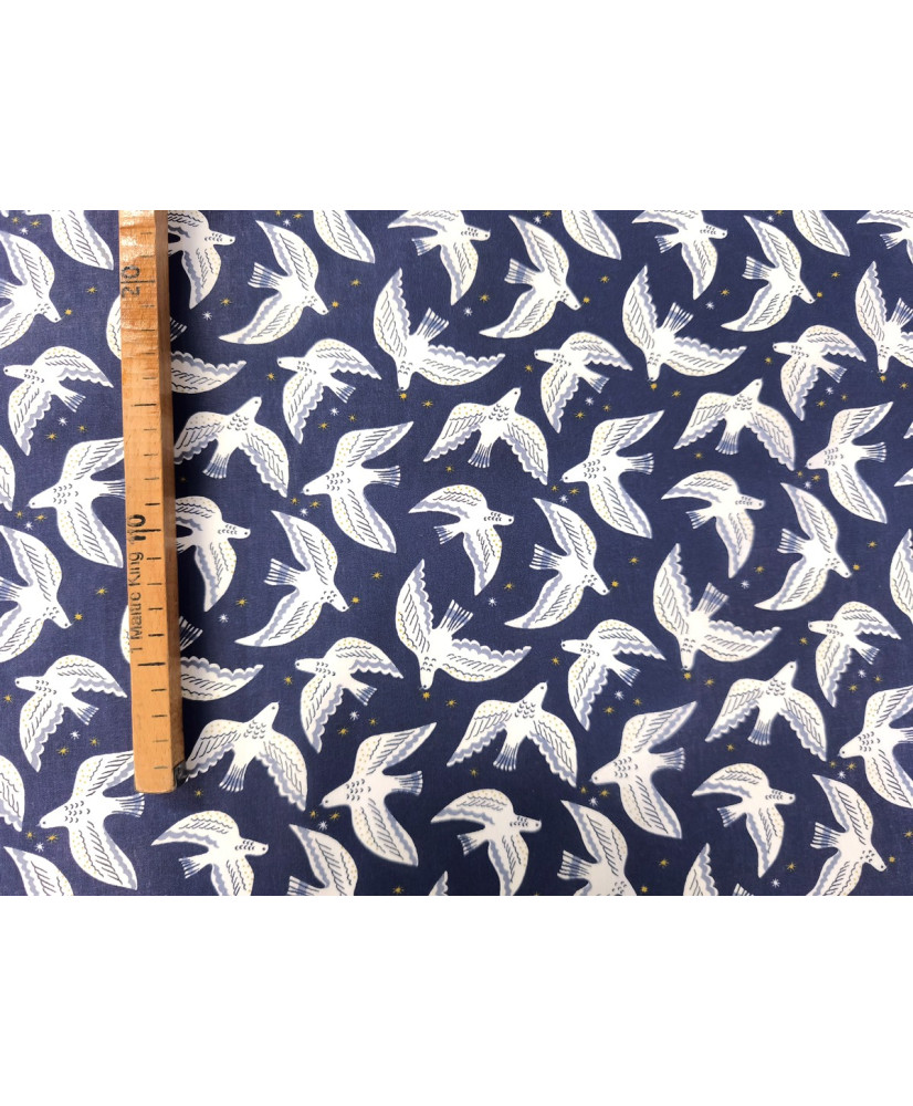 Cotton Cretonne Fabric – White Dove and Golden Star Pattern on Midnight ...