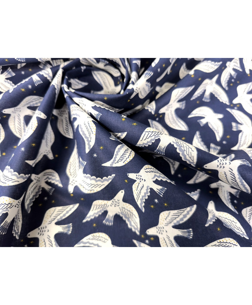 Tissu cretonne coton – motif colombes blanches et étoiles dorées sur ...